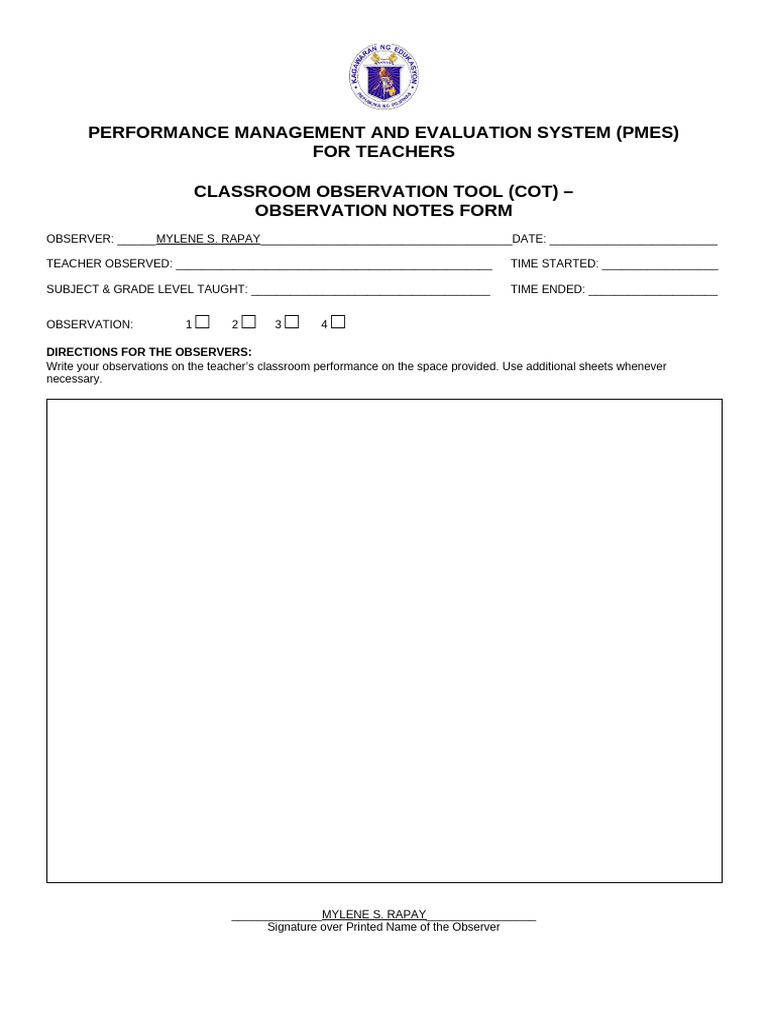 Annex C 7 - COT Observation Notes Form | PDF