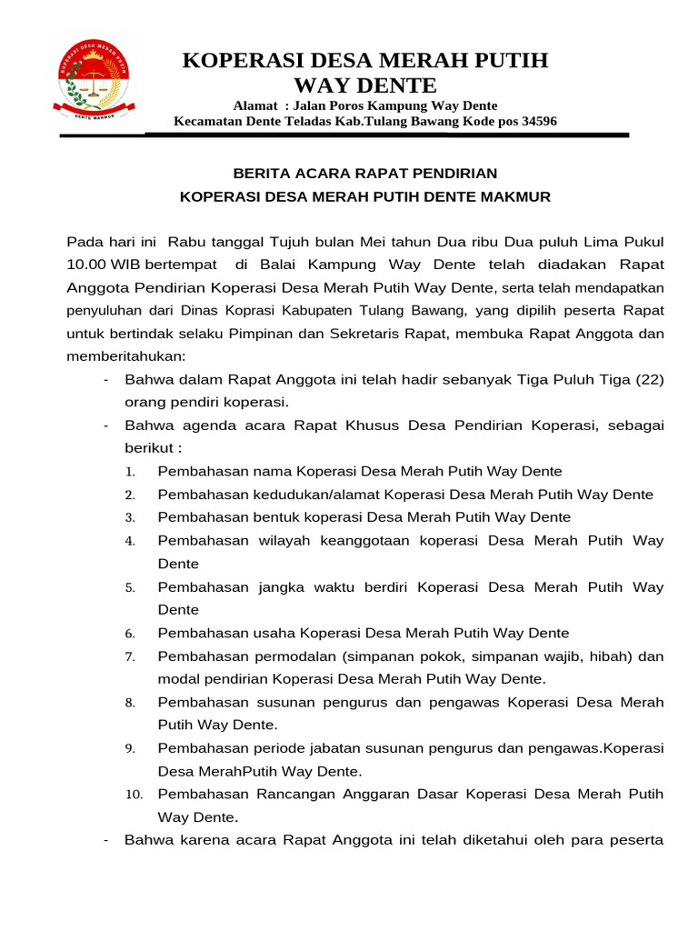 BERITA ACARA RAPAT PENDIRIAN Kopdes Merah Putih WAY DENTE | PDF