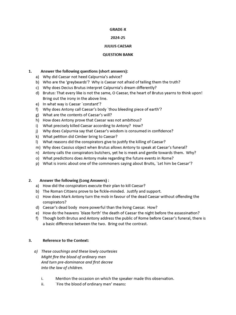 Julius Caesar Question Bank for Grade 10 | PDF | Julius Caesar | Mark ...