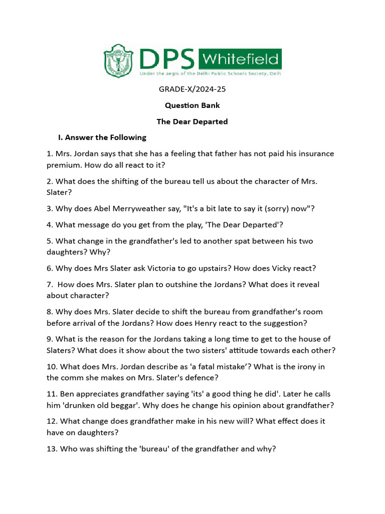 The Dear Departed: Question Bank | PDF