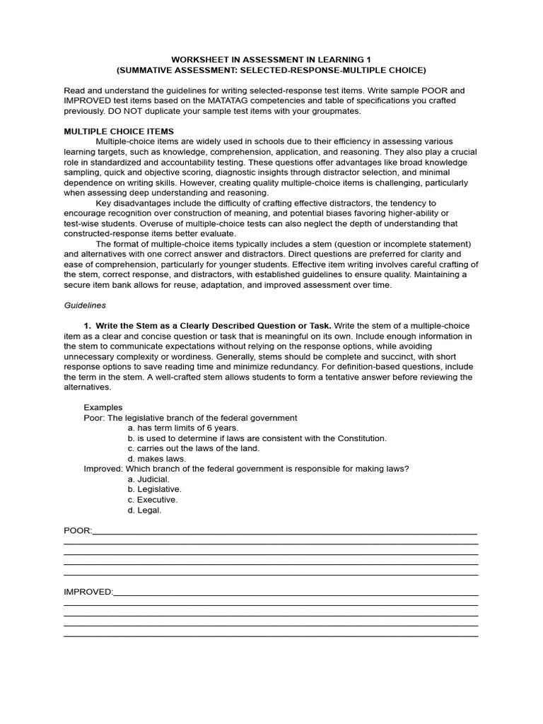 Worksheet in Assessment in Learning 1 1 | PDF | Multiple Choice | Educational Assessment