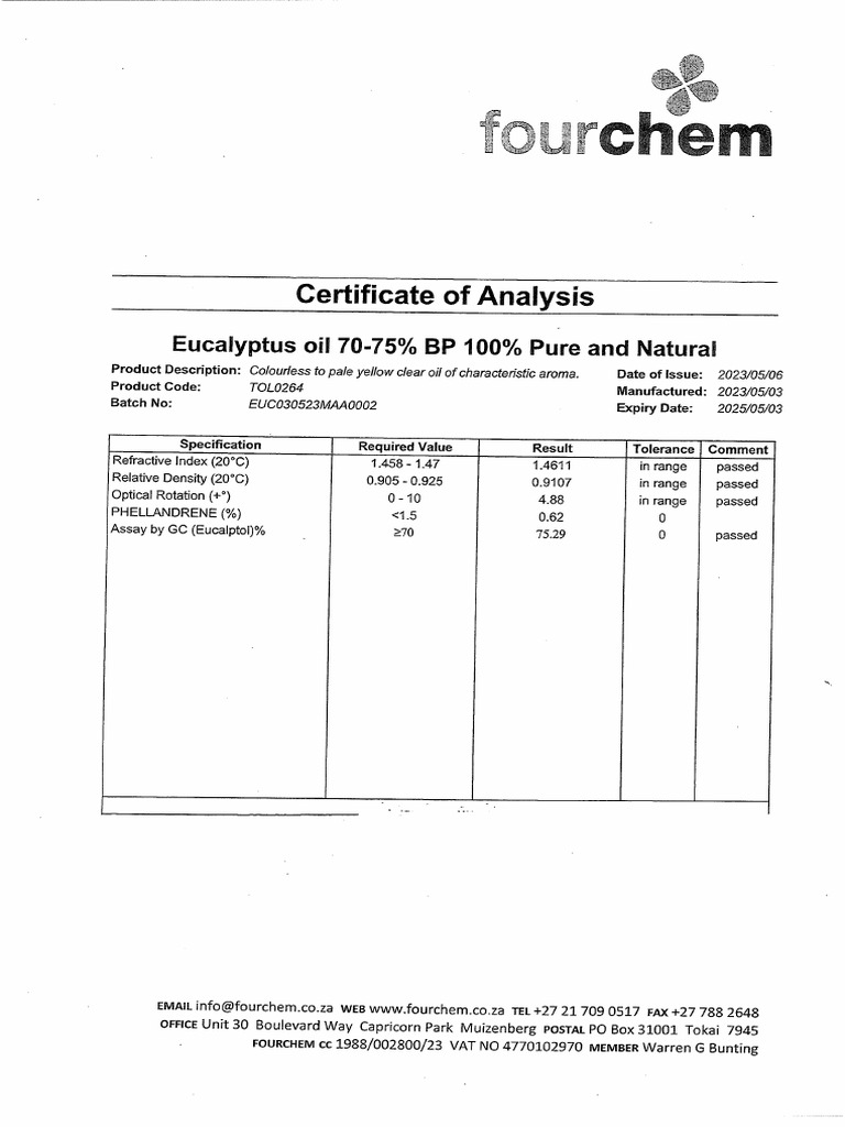 Eucalyptus Oil Batch Euc030523maa0002 | PDF