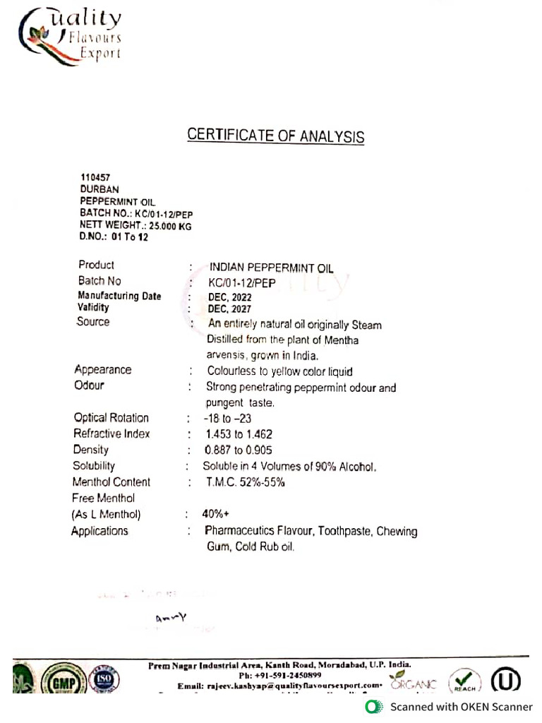 Peppermint Oil batch KC.01-12.PEP | PDF