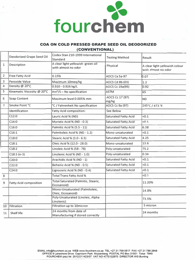 Grape Seed Oil Batch GSC15123 | PDF | Vegetable Oil | Chemical Substances