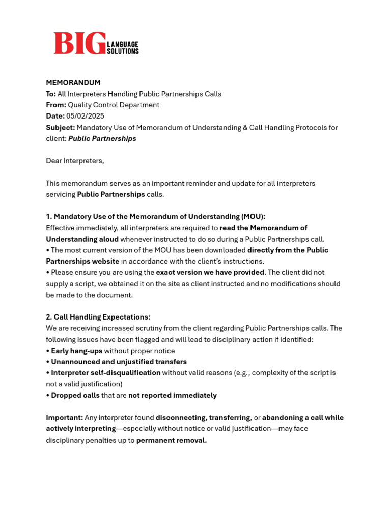 Use of MOU - Memorandum of Understanding & Call Handling Protocols ...