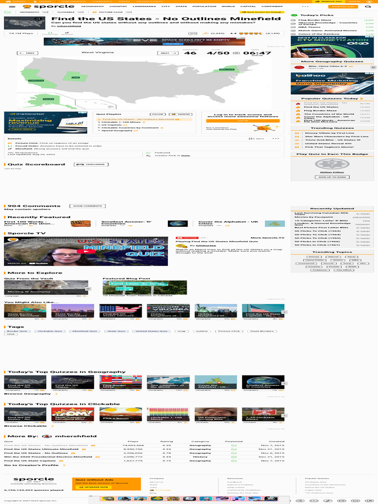 US States No Outlines Minefield Quiz | PDF | Quiz Games