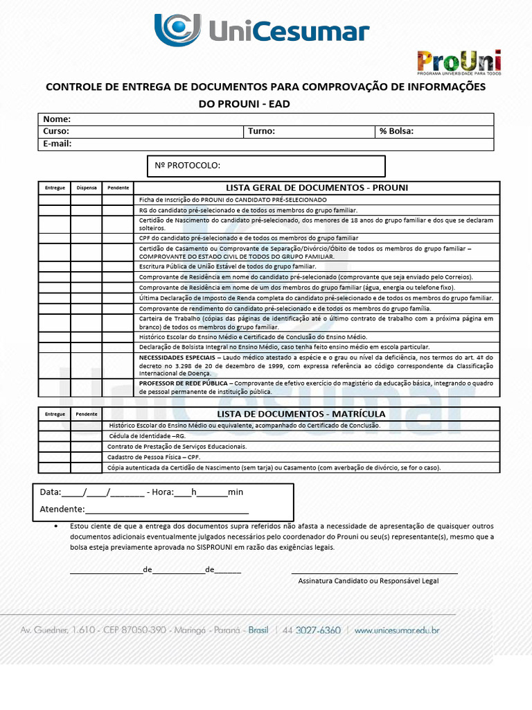 Check List (controle de entrega de documentos) | PDF