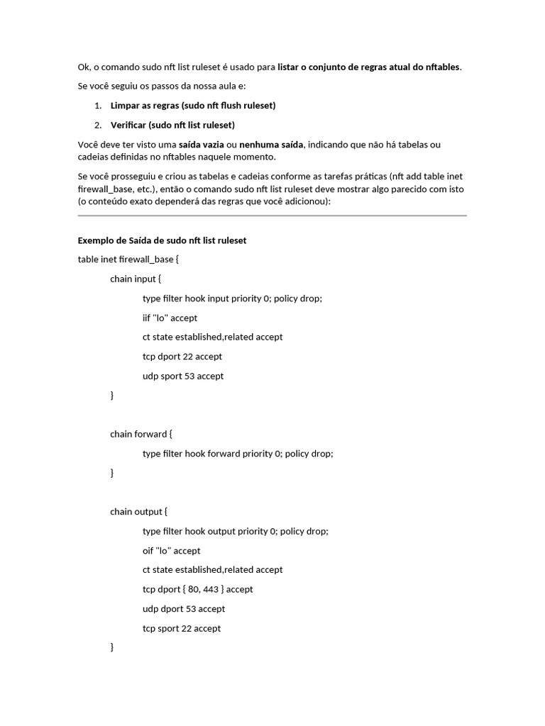Comando sudo para listar regras nftables | PDF