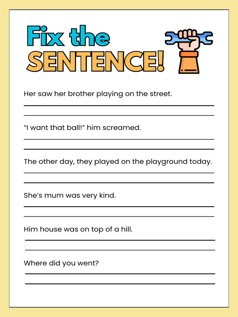 Fix the Sentence Educational Worksheet in Simple Blue and Orange Style ...