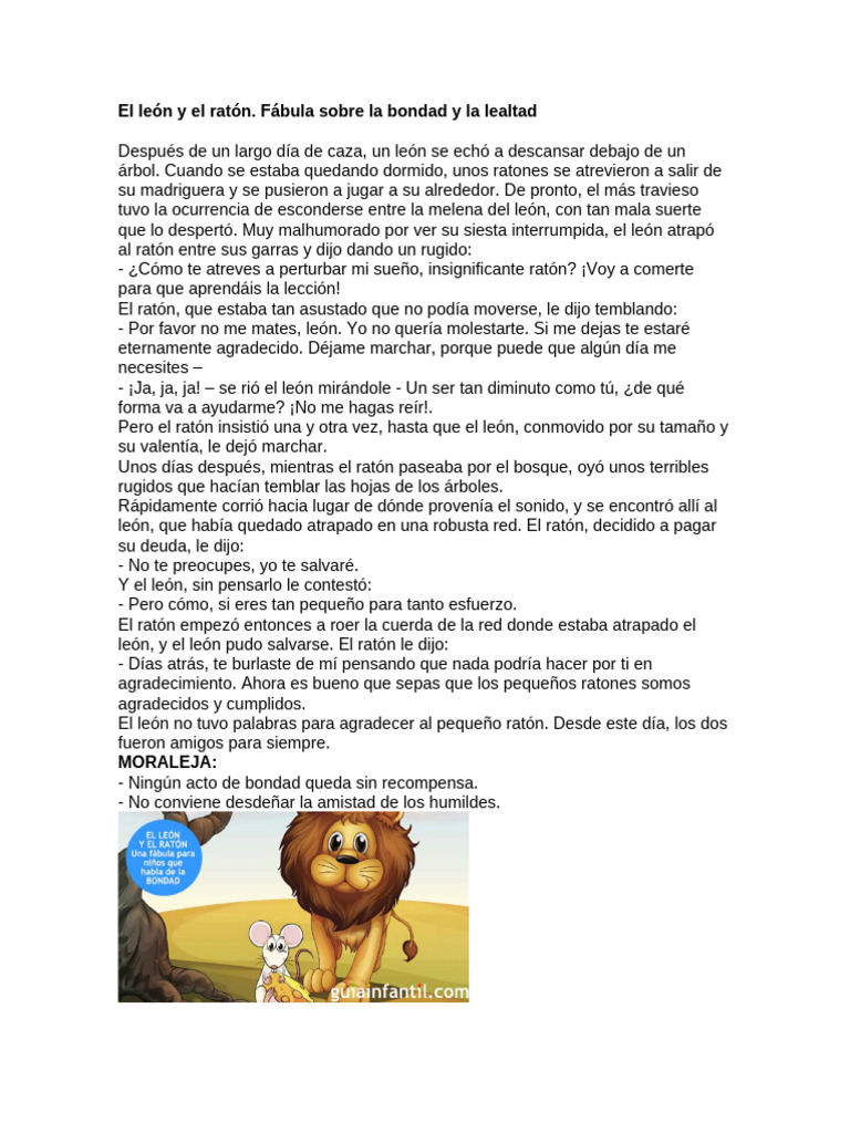 Fábula: El león y el ratón | PDF