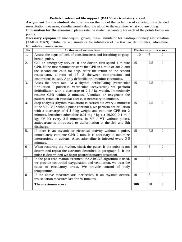 PALS Resuscitation Techniques Assessment | PDF | Cardiopulmonary ...