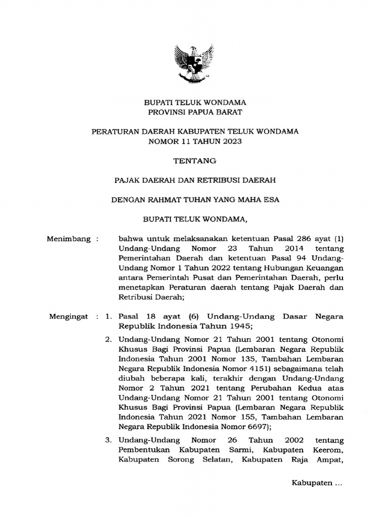 Perda Kabupaten Teluk Wondama No 11 Tahun 2023 | PDF