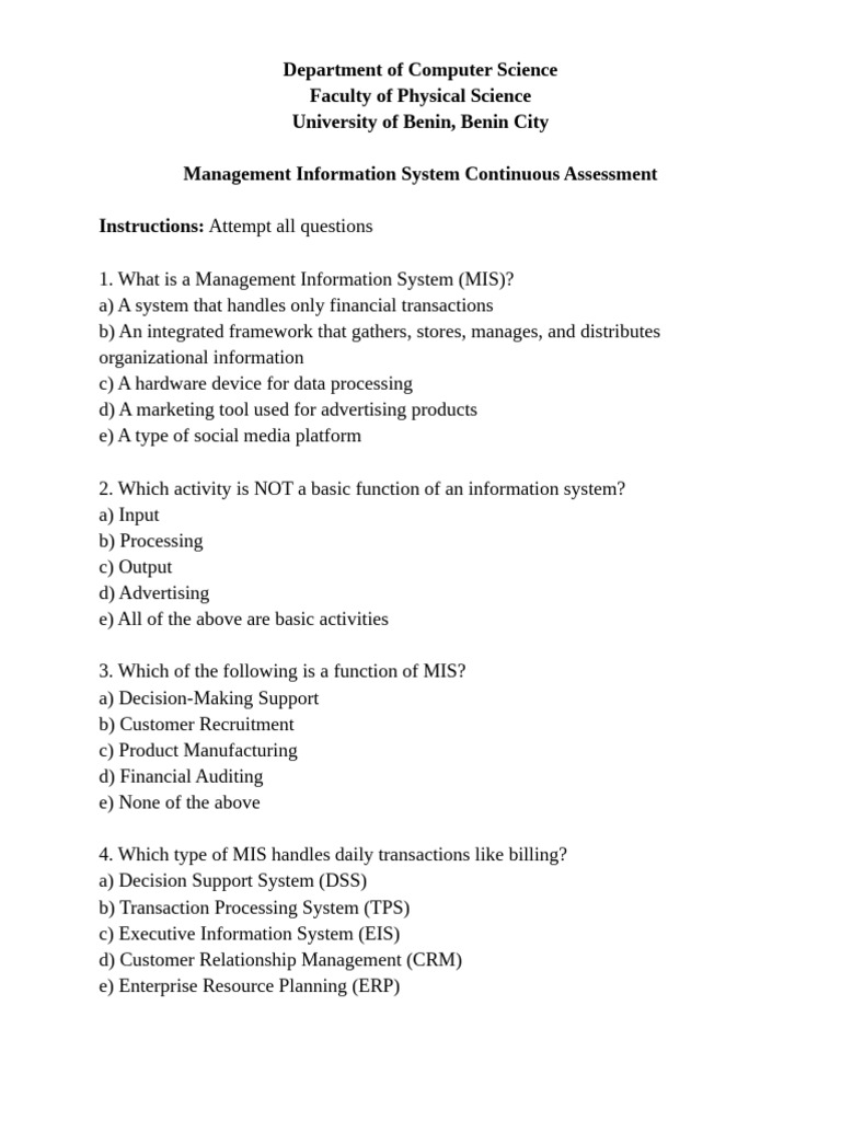 MIS Continuous Assessment | PDF | Management Information System ...
