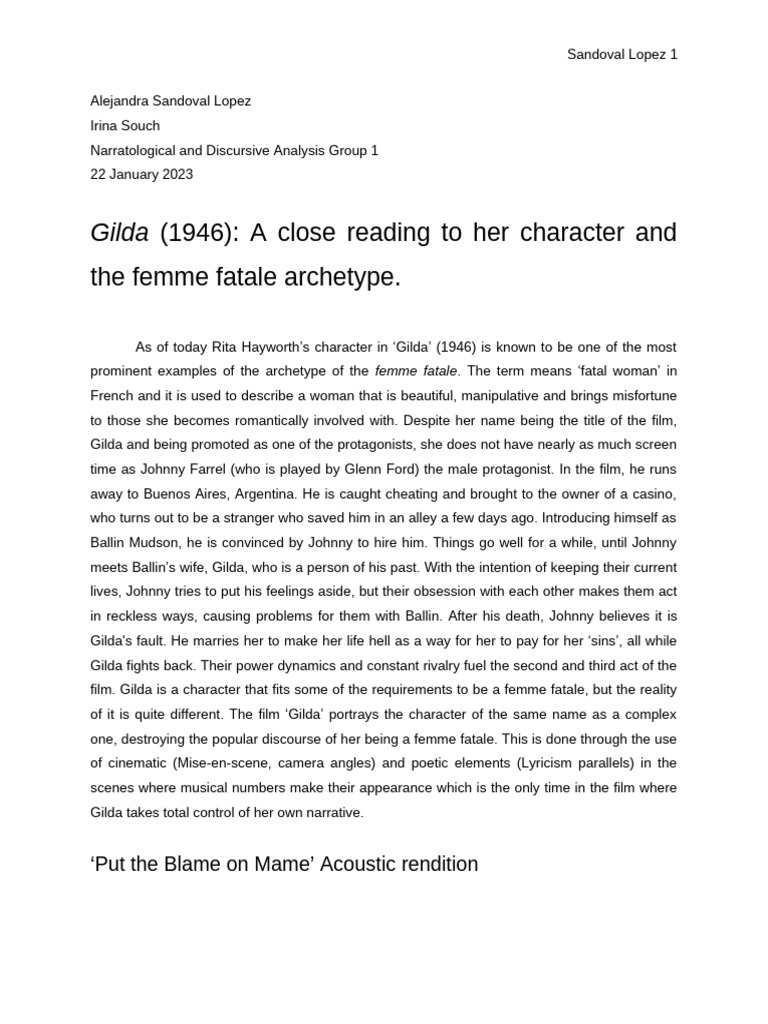 Gilda: A Close Reading To The Character and The Femme Fatale Archetype | PDF