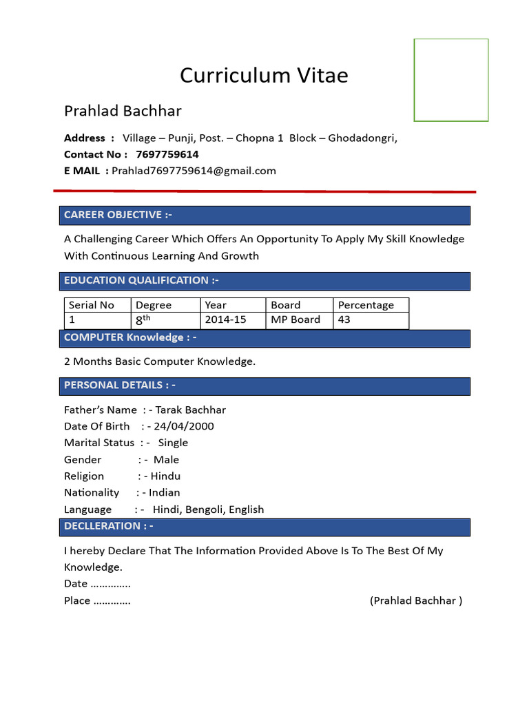 Prahlad Bachhar's CV and Career Goals | PDF