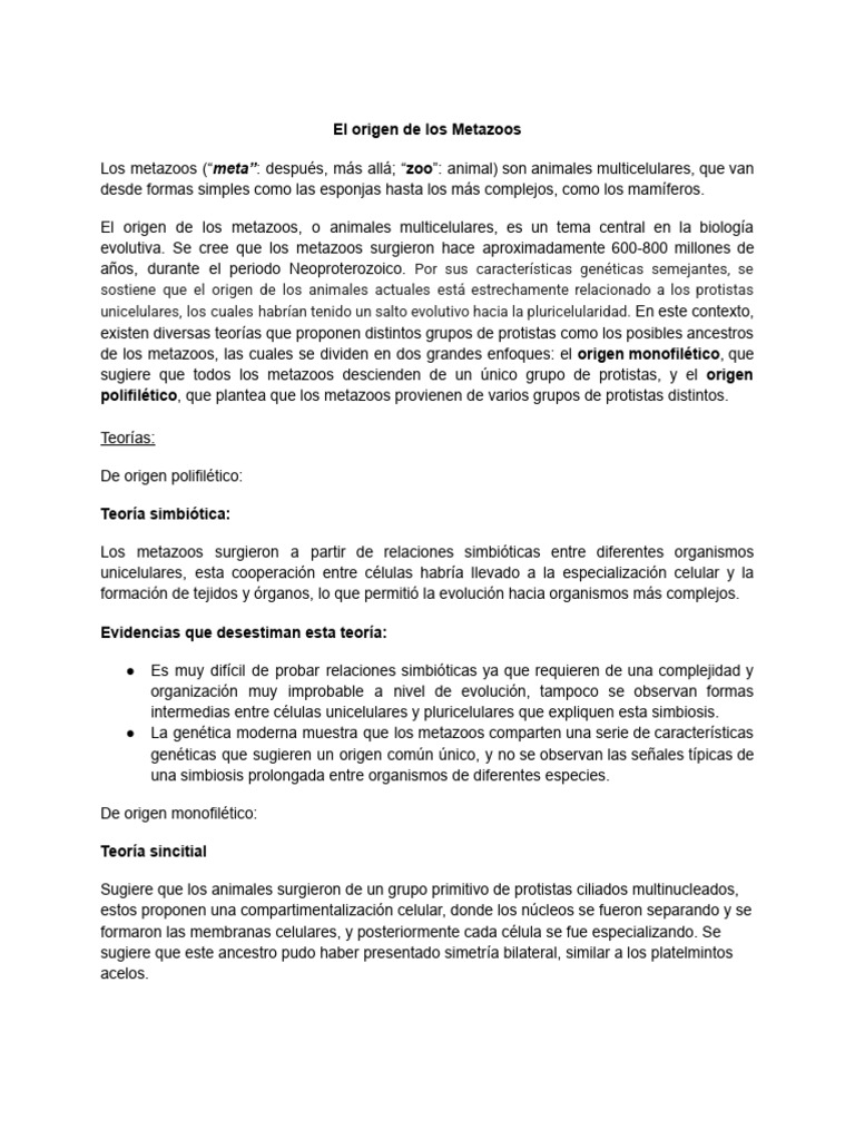 Informe Origen de Metazoos | PDF | Evolución | Biología Celular)