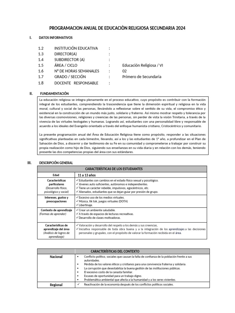 Programacion Anual - 1ro. 2024 | PDF | Evaluación | Fe