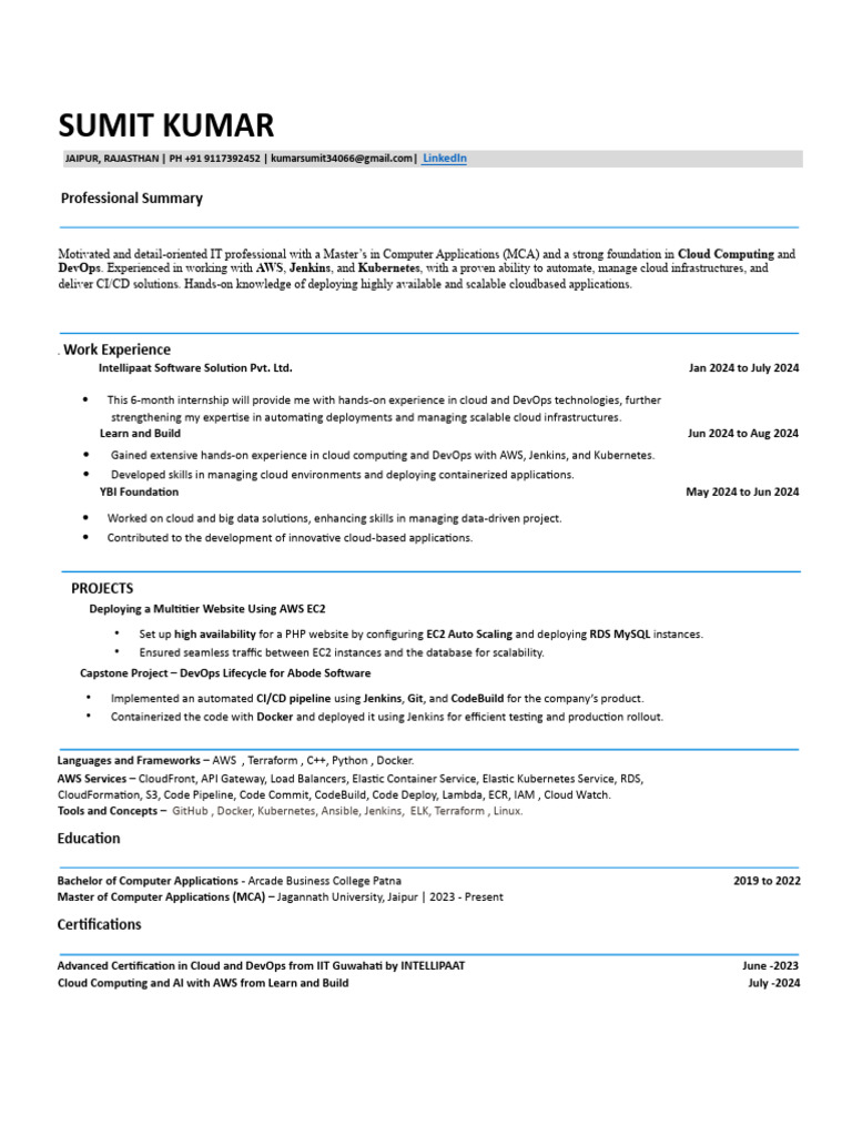 Sumit Kumar: Professional Summary | PDF | Cloud Computing | Amazon Web Services