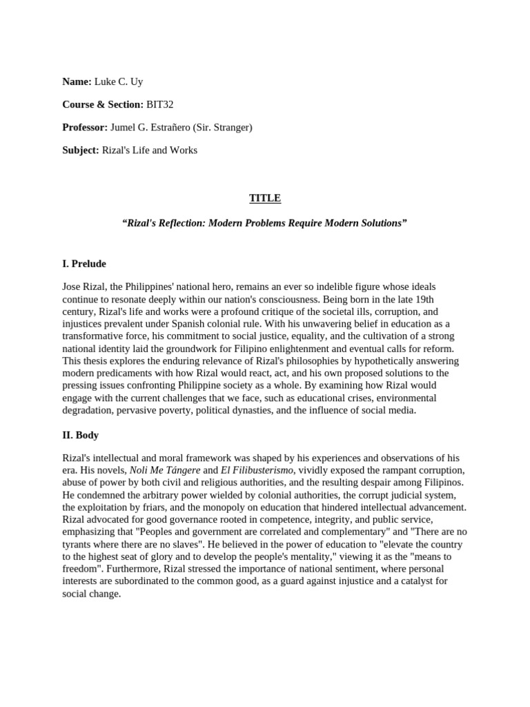 Rizal's Reflection Modern Problems Require Modern Solutions | PDF ...