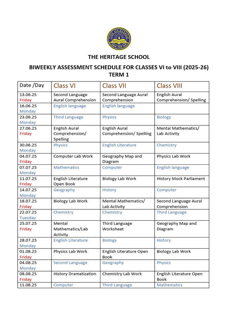 BIWEEKLY ASSESSMENT SCHEDULE FOR CLASSES VI To VIII Term 1 25 26 | PDF