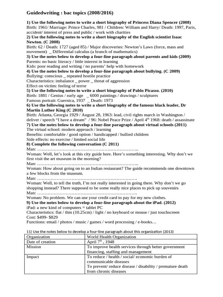 Guided Writing Topics for BAC Students | PDF