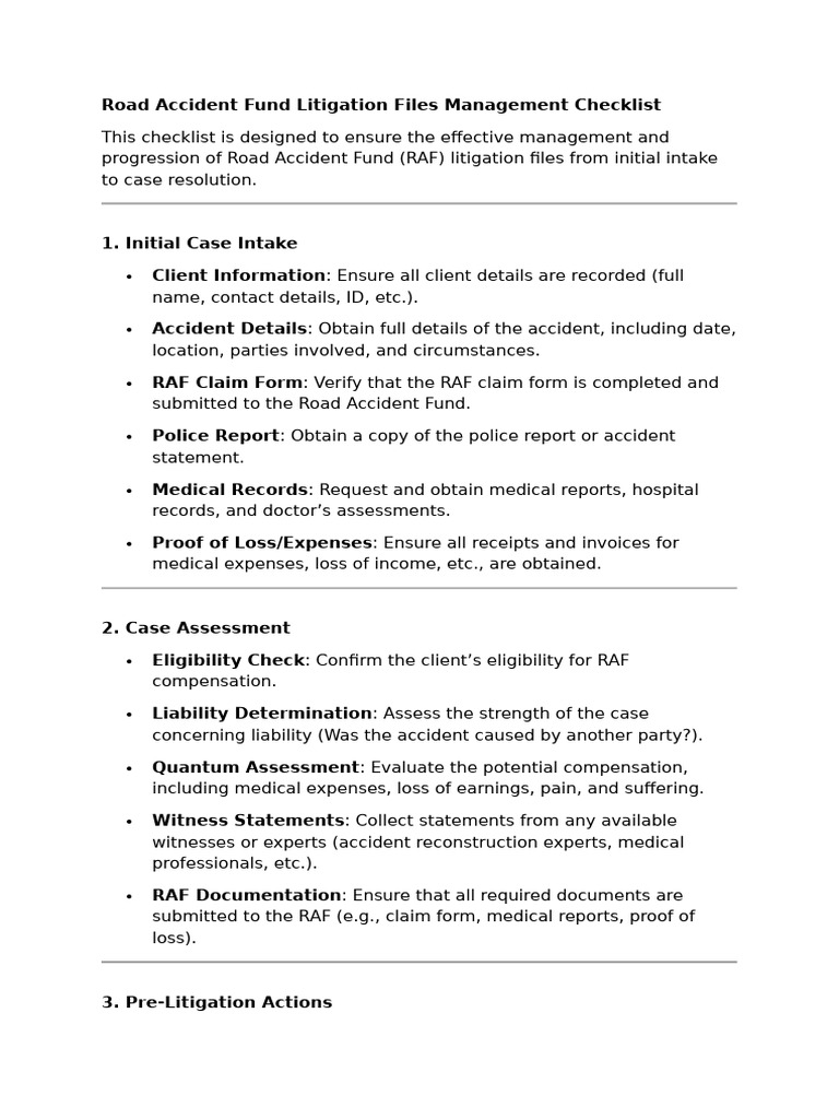 RAF Claim Status Management Checklist | PDF | Discovery (Law) | Lawsuit