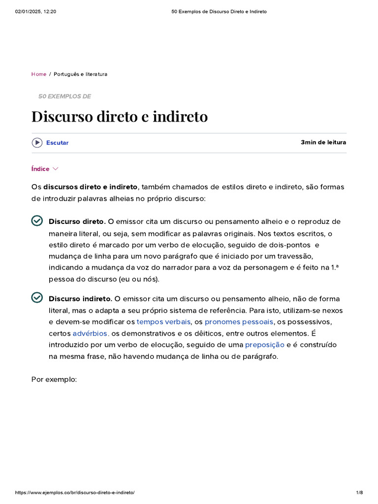 Exemplos de Discurso Direto e Indireto | PDF | Pronome | Mecânica da ...