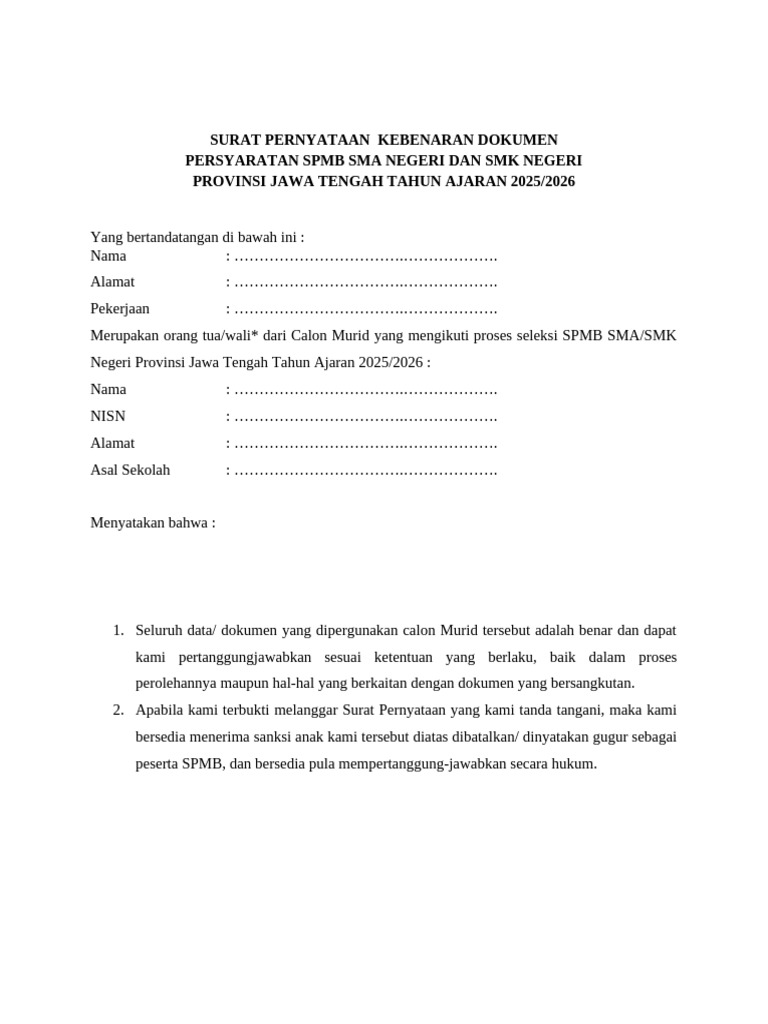 2025 - Surat Pernyataan Keabsahan Data PPDB | PDF