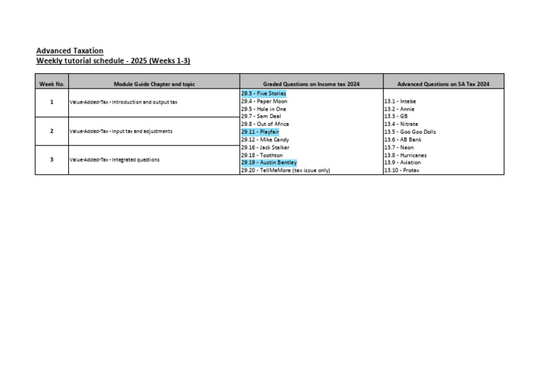 2025 Advanced Taxation Tutorial Schedule | PDF