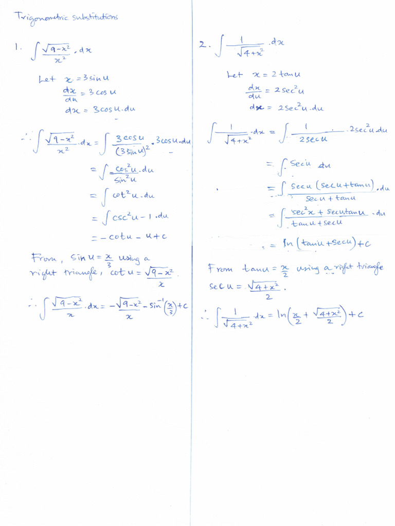 Trig Substitutions Pdf