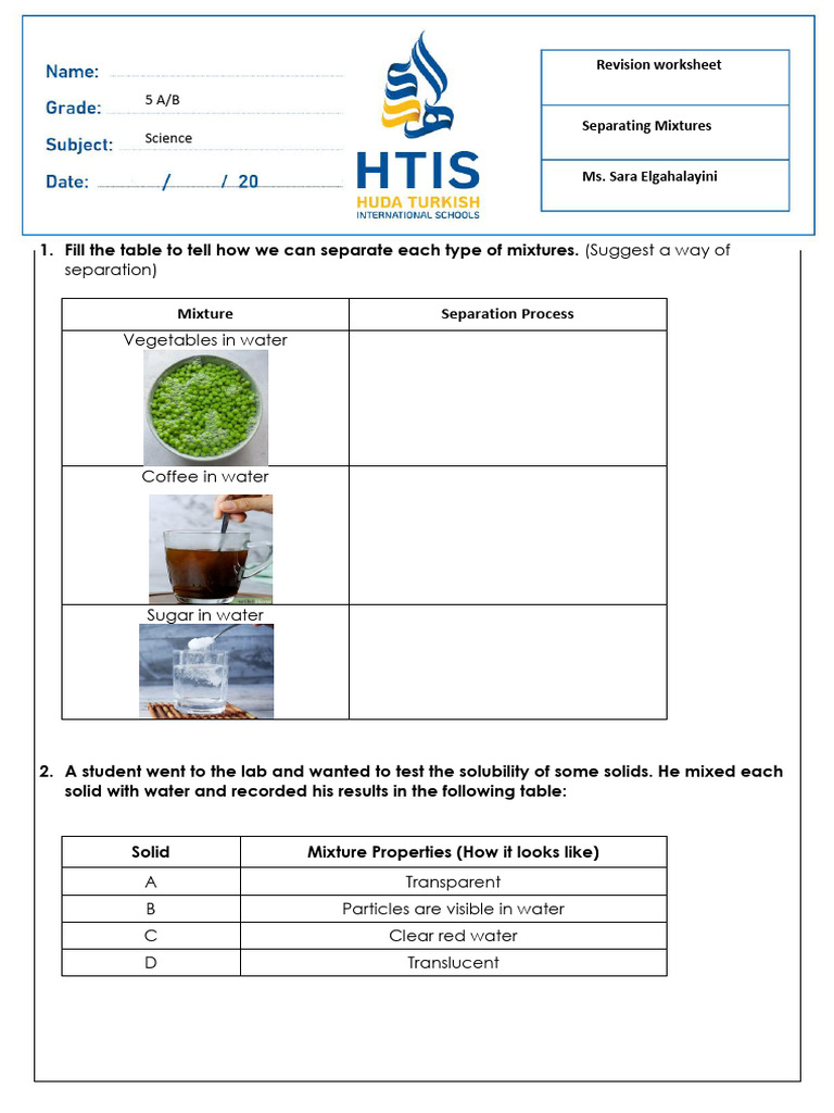 Unit 2 Mixtures Worksheet | PDF | Mixture | Solubility