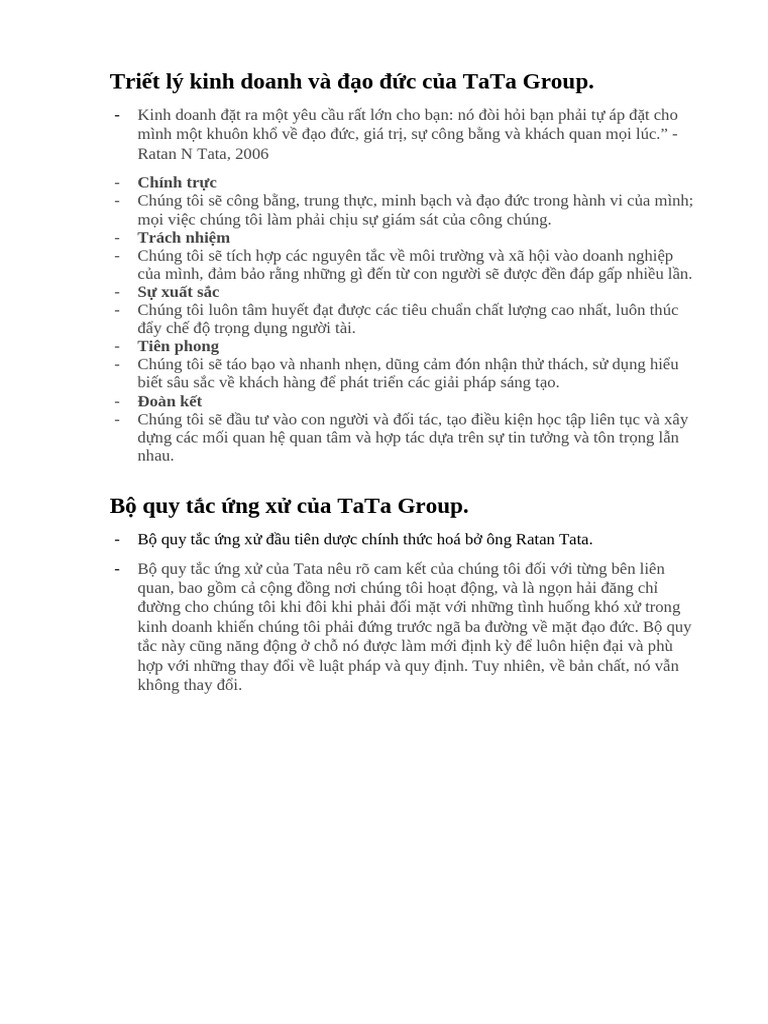 Triết lý kinh doanh và đạo đức của TaTa Group | PDF