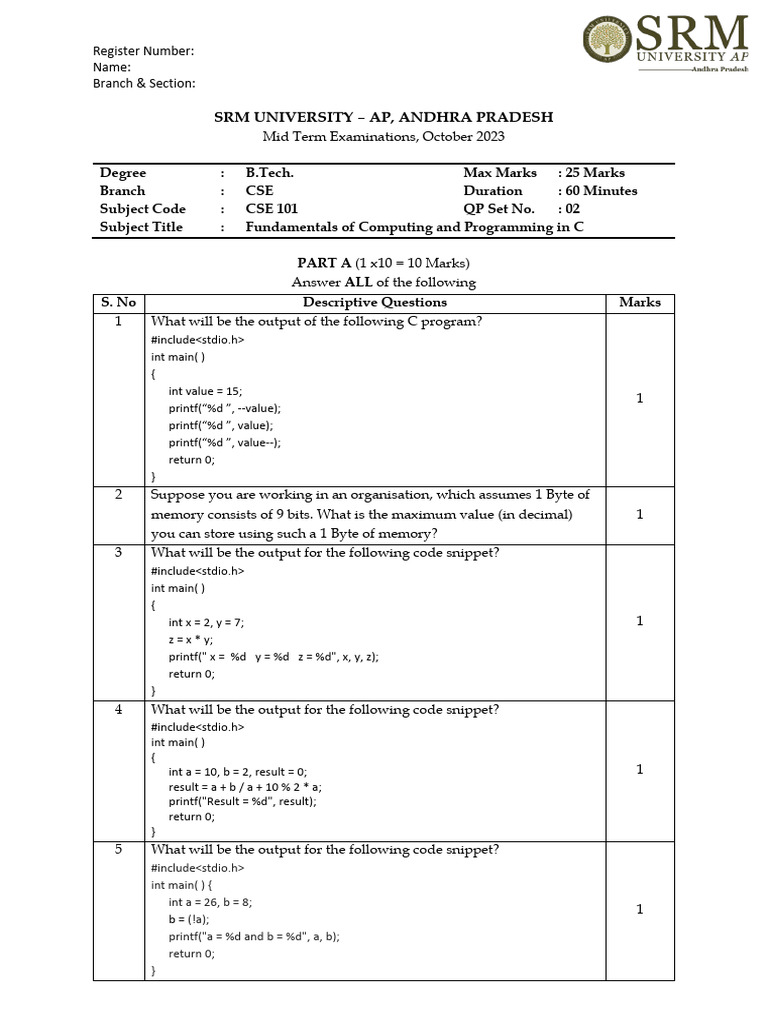 D2 - CSE-101 - Mid Term - Set-02 - QP - 2023 | PDF | Integer (Computer Science) | Computer Program