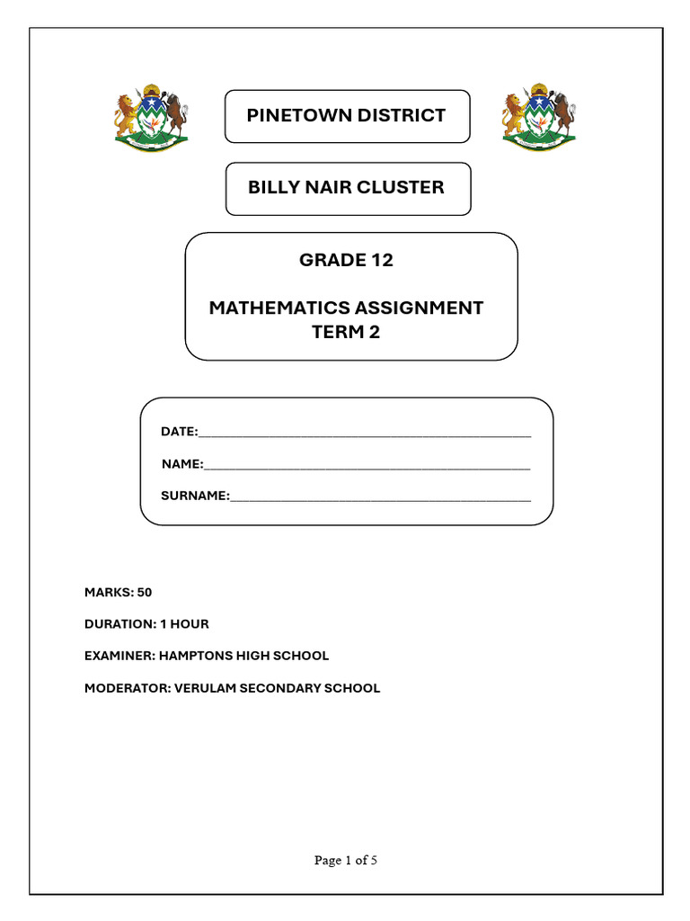 Pinetown District BNC Test Math GR 12 Term 2 | PDF | Tangent ...