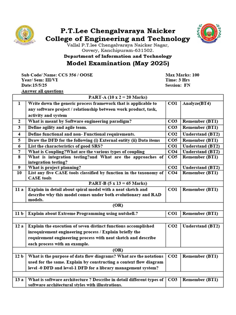 Ccs 356 Object Oriented Software Engineering Model Exam Pdf Information Technology