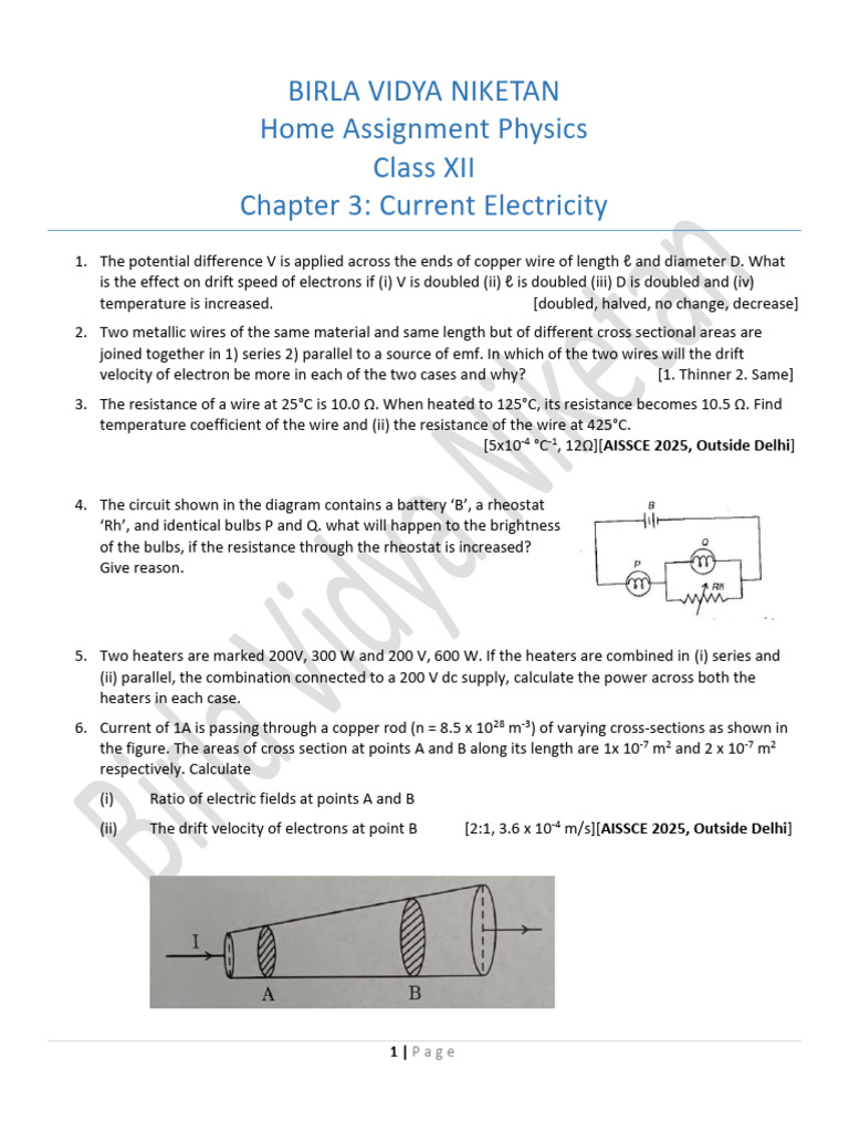 CH3_PHYSICS_HOME ASSIGNMENT_CURRENT ELECTRICITY | PDF | Electric Current | Electricity