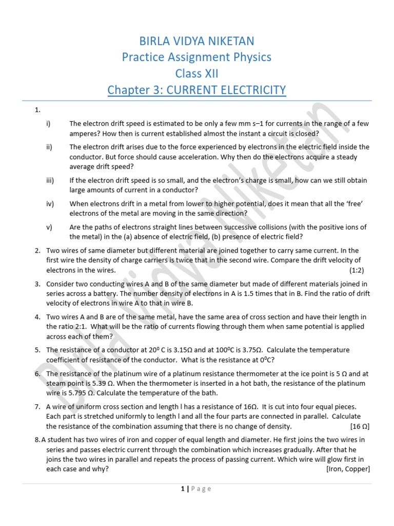 CH3_PHYSICS_PRACTICE ASSIGNMENT_CURRENT ELECTRICITY | PDF | Electric Current | Series And ...