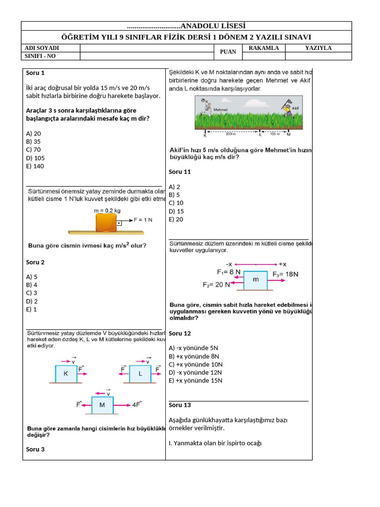 Sinif Fizik 1. Donem 2. Yazili Sorulari Cevaplariyla | PDF