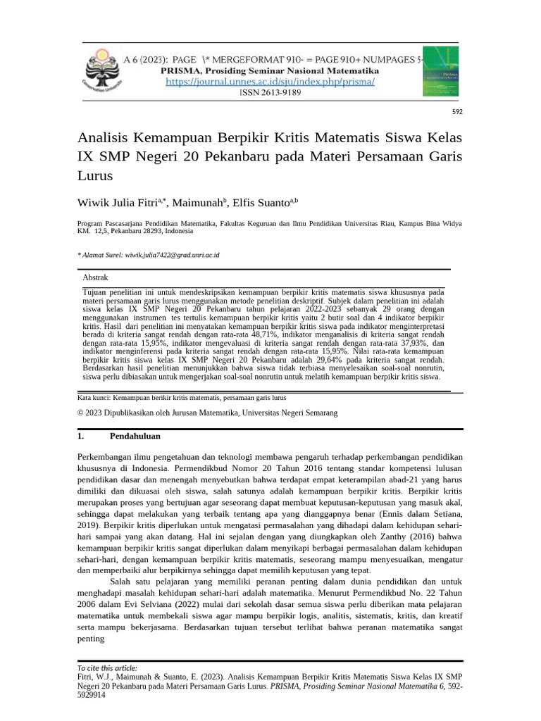 Analisis berpikir kritis matematis metopen | PDF