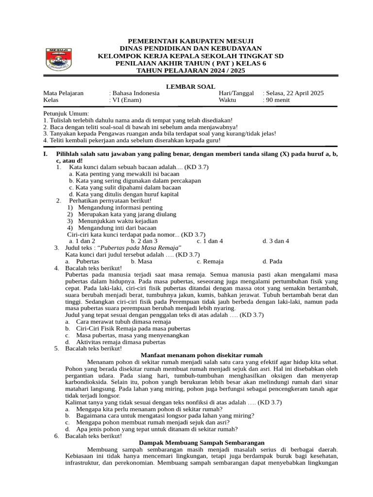 Naskah Soal Pat Bahasa Indonesia | PDF