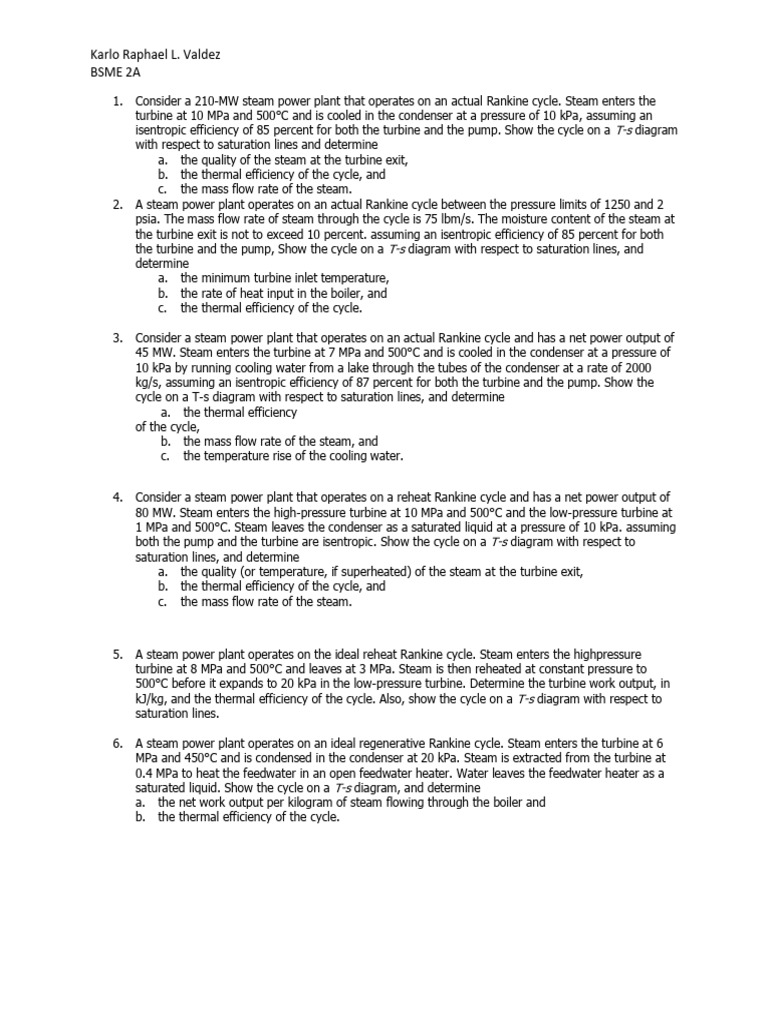 Thermo ProbSet KarloValdez BSME2A | PDF | Steam | Power (Physics)