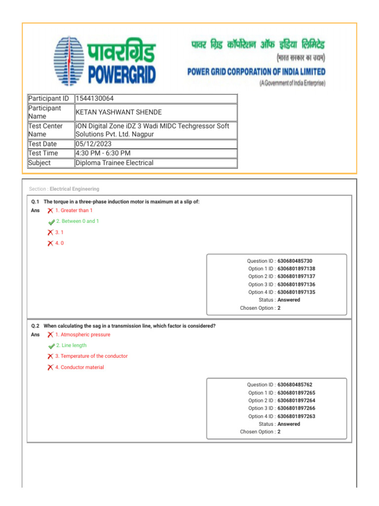 Pgcil 2023 | PDF | Electrical Impedance | Electric Motor