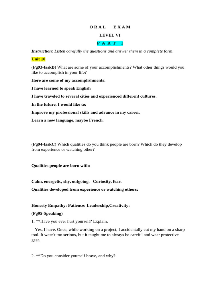 Oral Exam Level VI: Accomplishments & Experiences | PDF