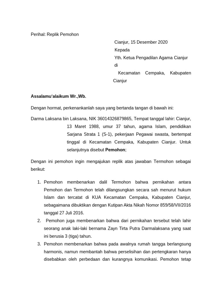 Perihal Replik Pemohon | PDF