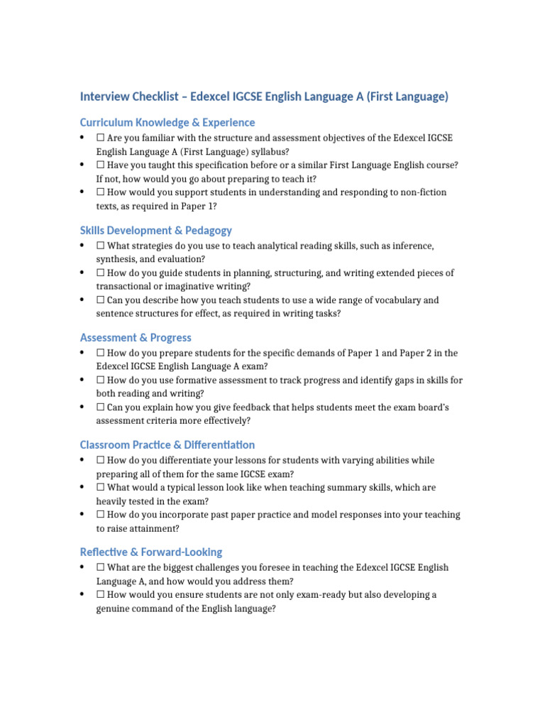 Interview Checklist IGCSE English | PDF