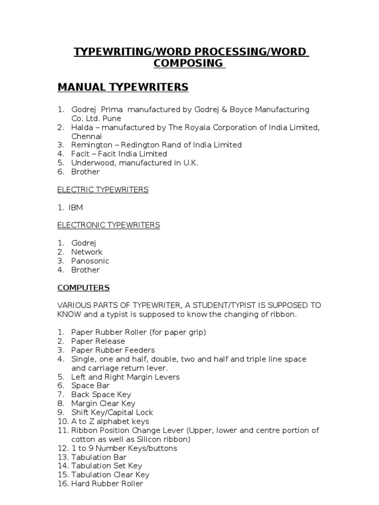 Typewriting/Word Processing/Word Composing Manual Typewriters | PDF