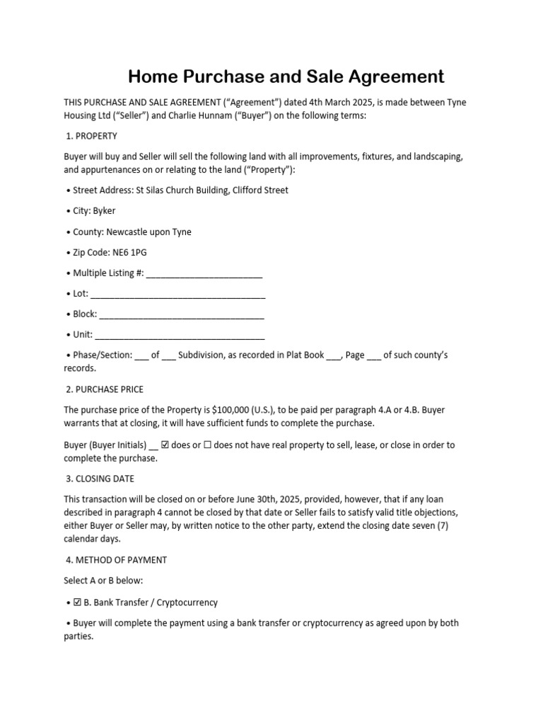 Home Purchase Agreement for Byker Property | PDF