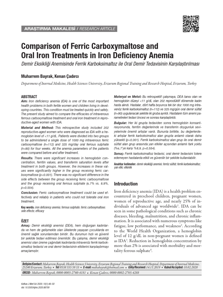 Demir Eksikli - I Anemisinde Ferrik Karboksimaltoz Ile Oral Demir ...