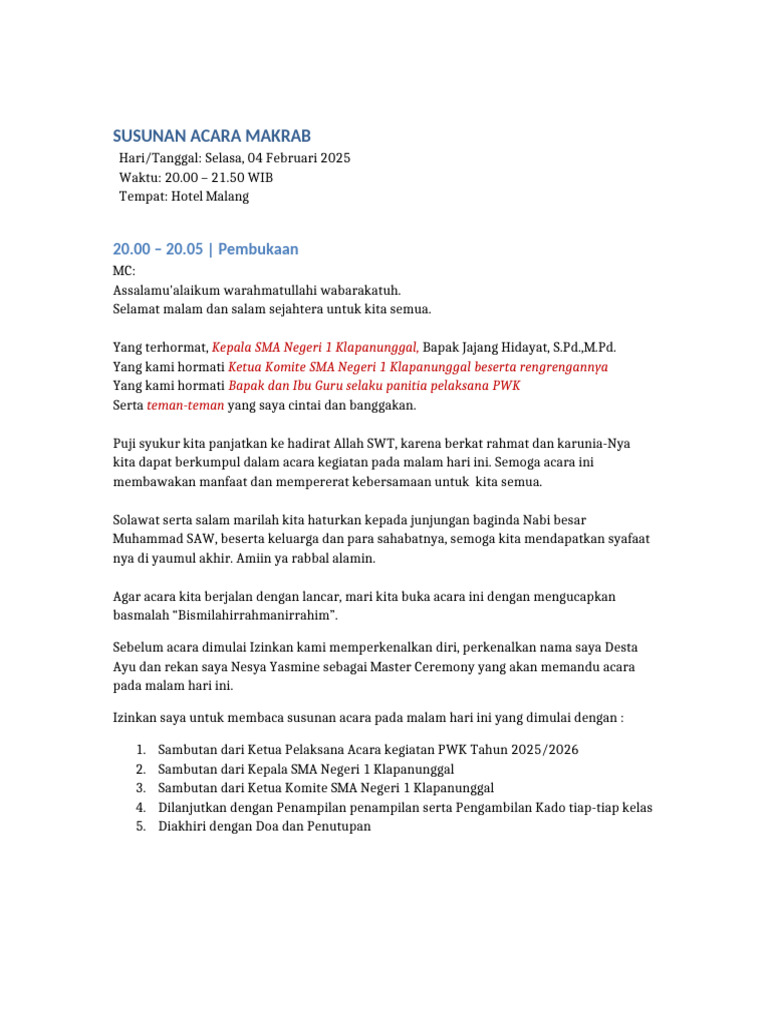 Teks MC Acara Makrab SMA 2025 | PDF