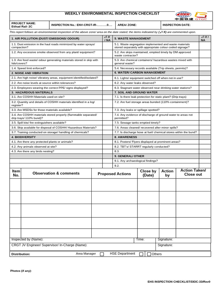 Weekly Environmental Inspection Checklist | PDF | Waste | Pollution